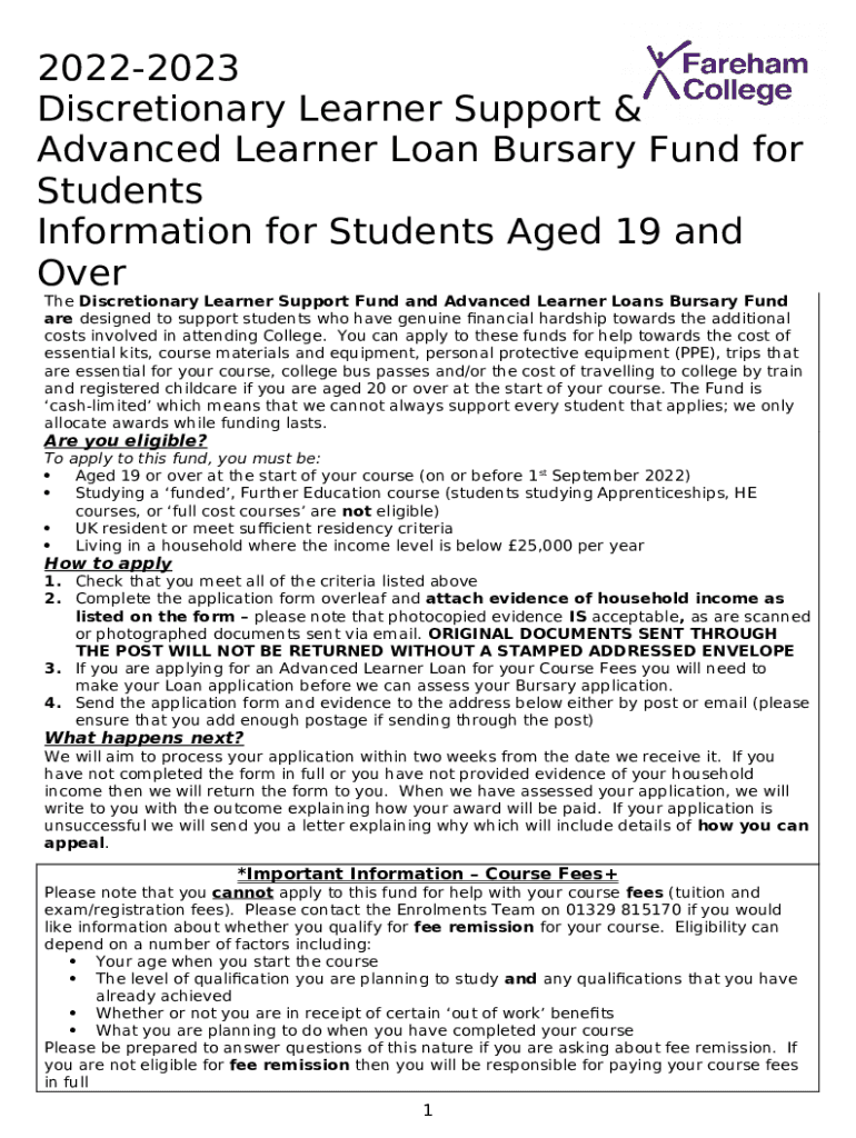 2023 Discretionary Learner Support/Bursary Application Doc Template | pdfFiller