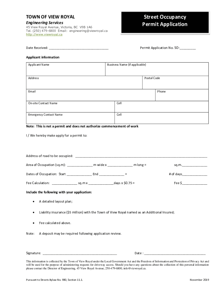 Fillable Online Street Occupancy Permit Application - View Royal Fax Email Print - pdfFiller