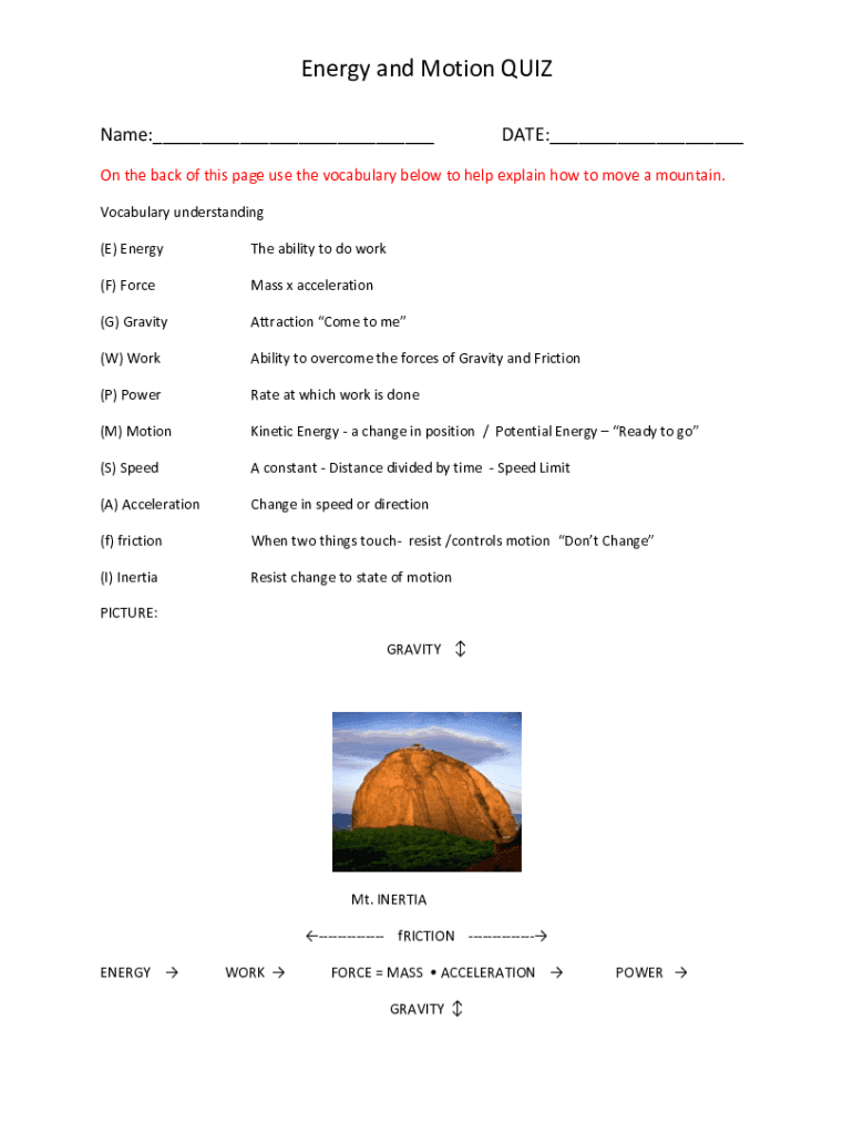Fillable Online Energy and Motion QUIZ Fax Email Print - pdfFiller