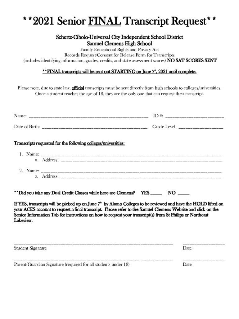 Fillable Online Samuel Clemens High School Transcript RequestSchertz ...