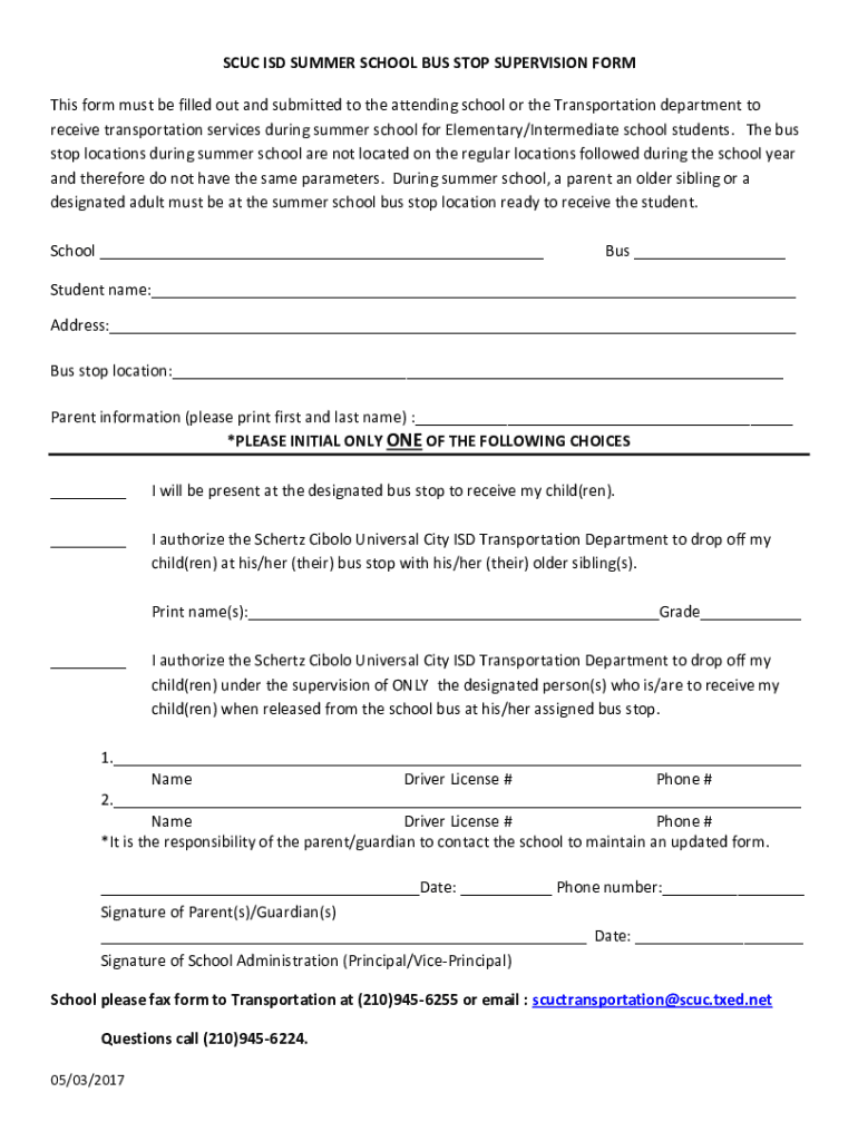 Fillable Online scuc isd summer school bus stop supervision form Fax ...