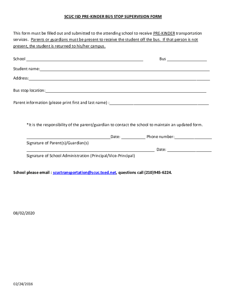 Fillable Online scuc isd pre-kinder bus stop supervision form Fax Email ...