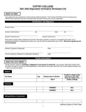 Fillable Online 2021-2022 Dependent Verification Worksheet (V5) Fax Email Print - pdfFiller
