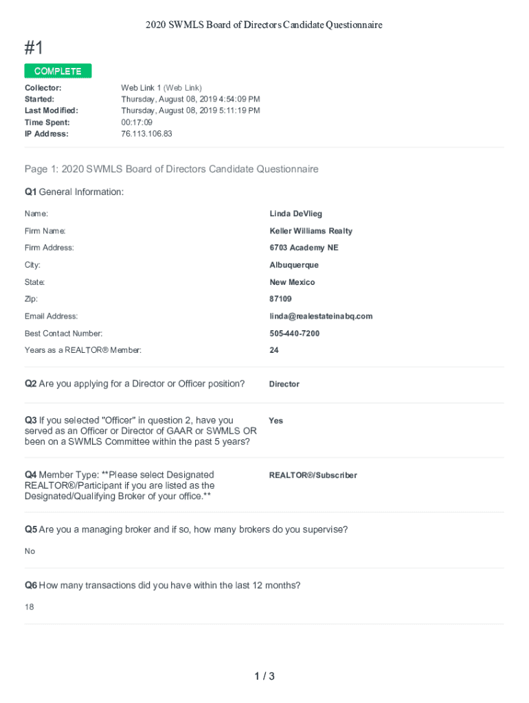 Fillable Online Page 1: 2020 SWMLS Board of Directors Candidate ...