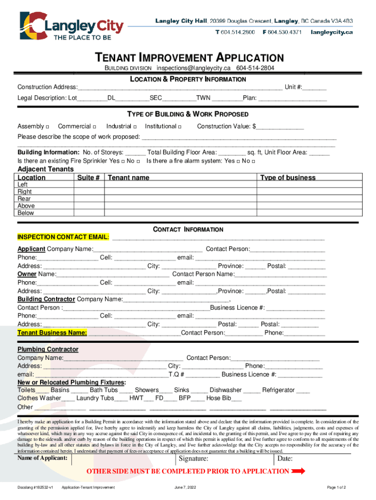 Fillable Online tenant improvement application - City of Langley Fax ...