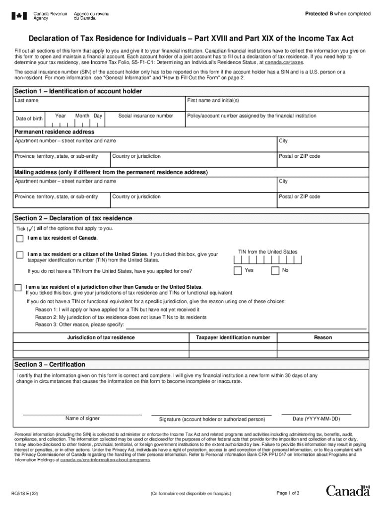 Fillable Online Declaration of Tax Residence for IndividualsPart XVIII ...