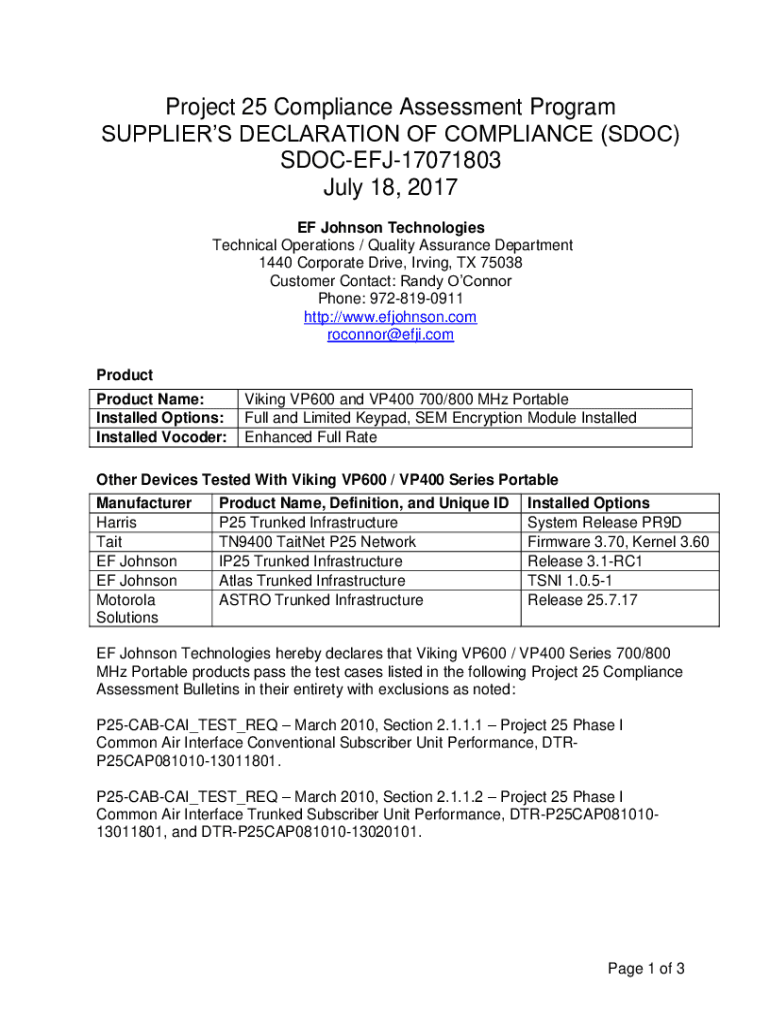 Fillable Online P25 CAP Supplier's Declaration of Compliance (SDOC) EF ...