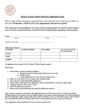 Fillable Online Horace Greeley Science Research Application Form Please ...