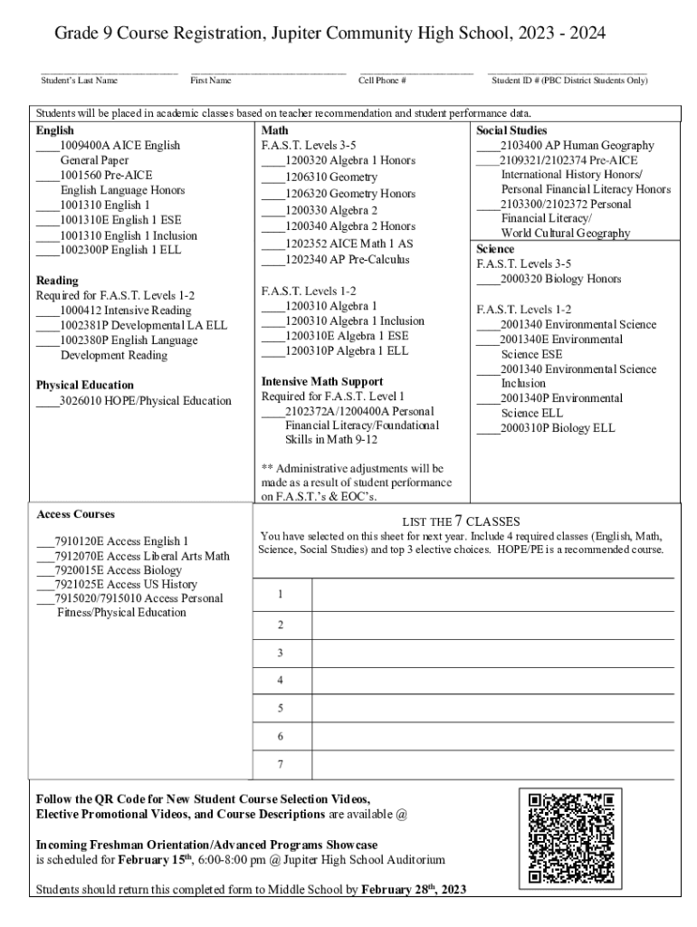 Jupiter High School Electives - Fill Online, Printable, Fillable, Blank | pdfFiller