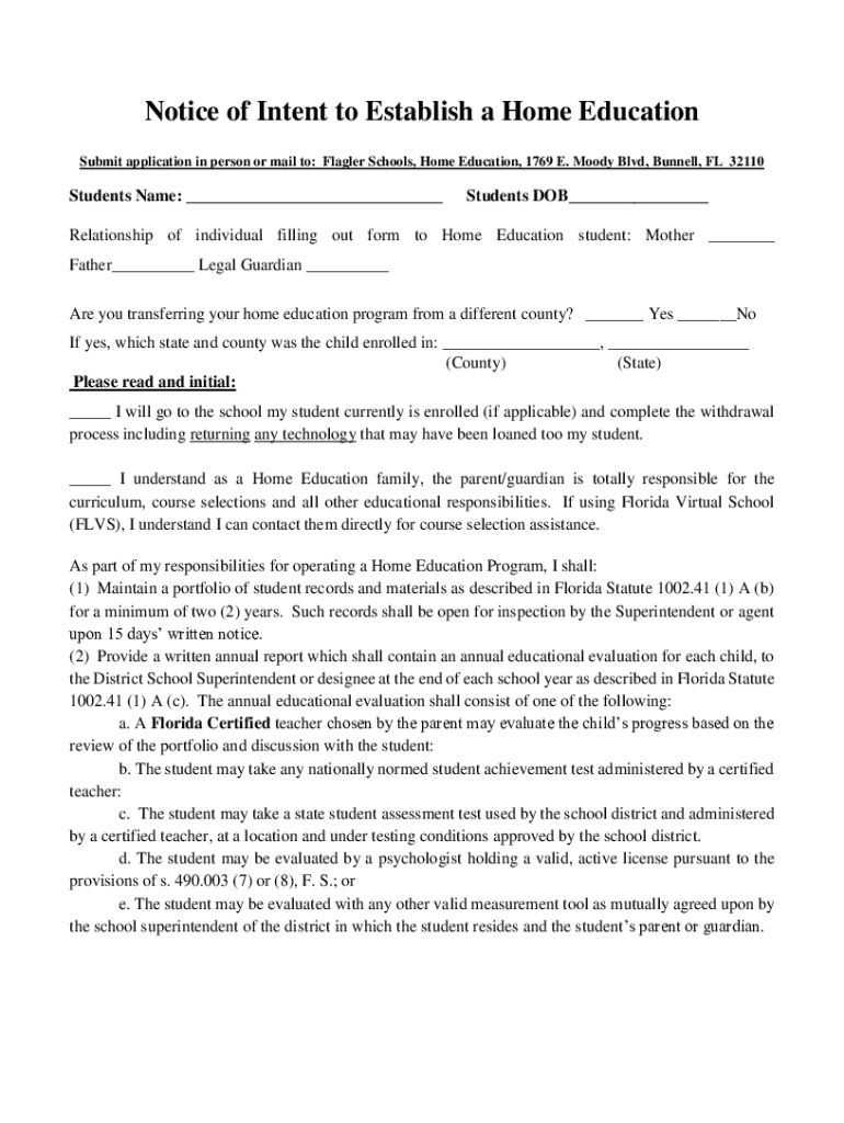 Fillable Online Notice of Intent to Establish a Home Education Fax Email Print - pdfFiller