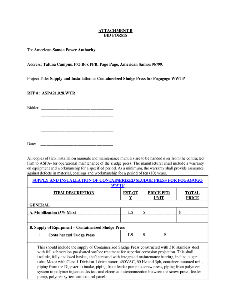 Fillable Online BID FORMS REV01 RFP #: ASPA20.022.ESD-WTR Fax Email Print - pdfFiller