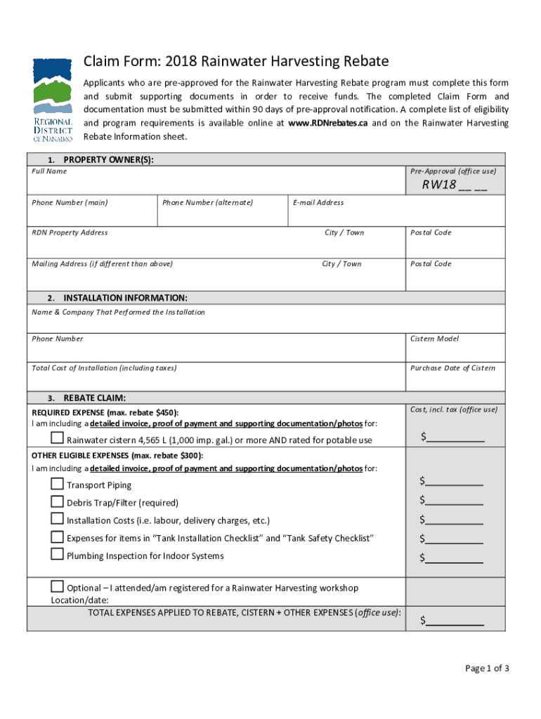 Fillable Online 2018 Rainwater Harvesting Rebate - Claim Form Fax Email ...