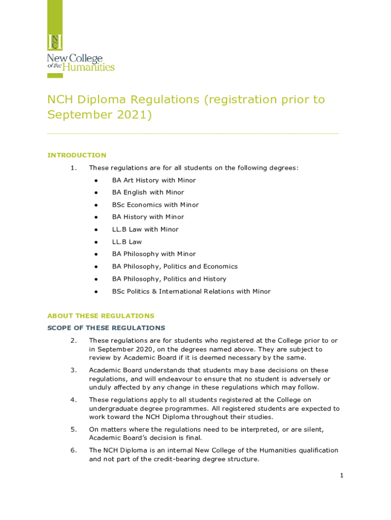 Fillable Online NCH Diploma Regulations (registration prior to ...