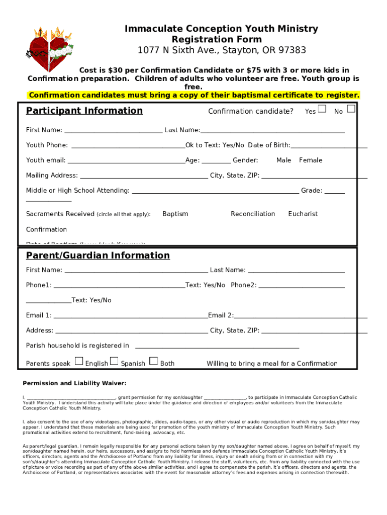 Immaculate Conception Youth Ministry Registration Doc Template | pdfFiller