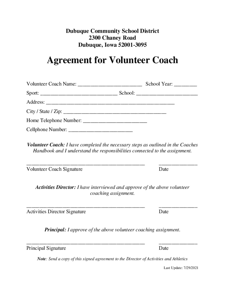 Fillable Online Agreement for Volunteer Coach - Dubuque Community ...