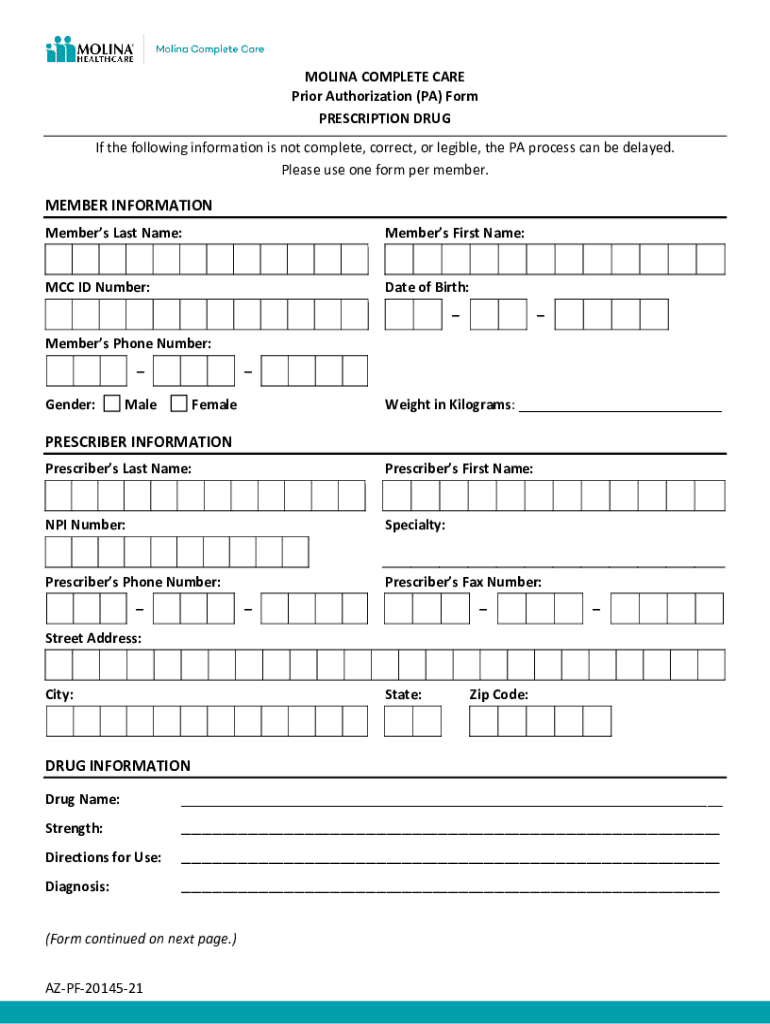 Fillable Online Pharmacy Prior Authorization Request Form - Molina ...