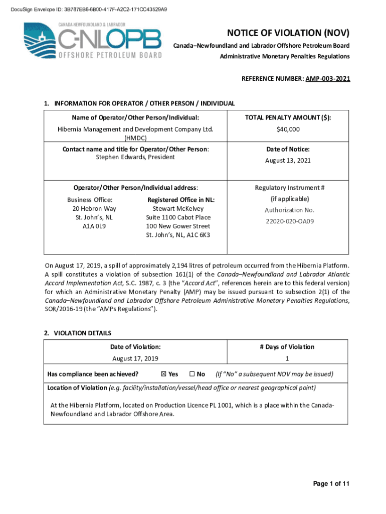 Fillable Online NOTICE OF VIOLATION (NOV) - C-NLOPB Fax Email Print - pdfFiller