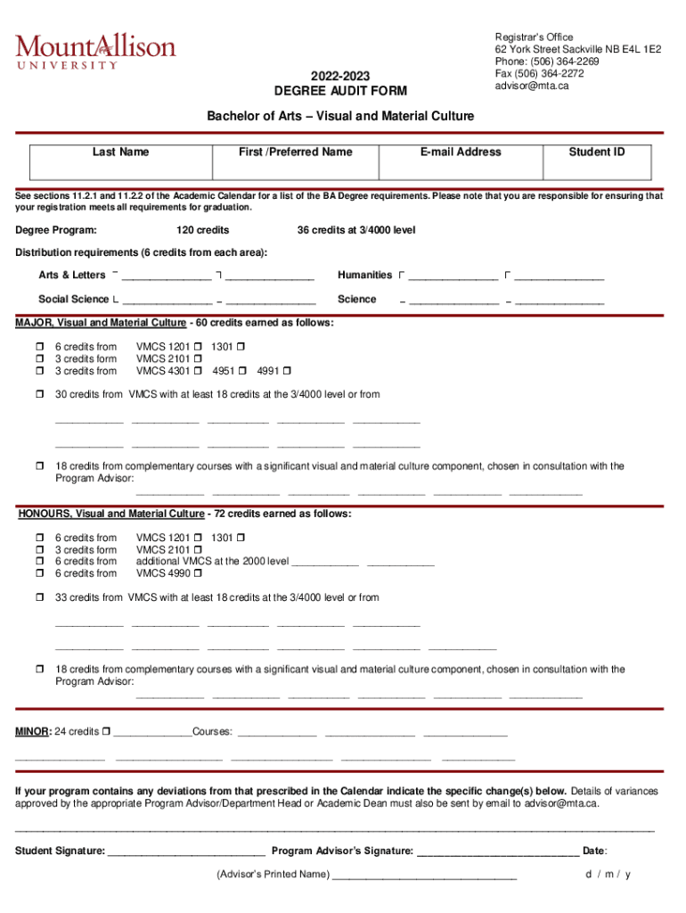 Fillable Online 2022-2023 DEGREE AUDIT FORM Bachelor of ArtsVisual ... Fax Email Print - pdfFiller