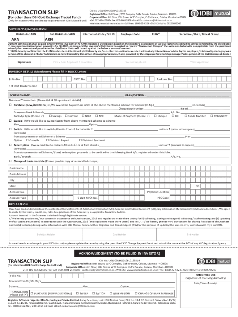 Fillable Online Only for investors who are already registered with IDBI ...
