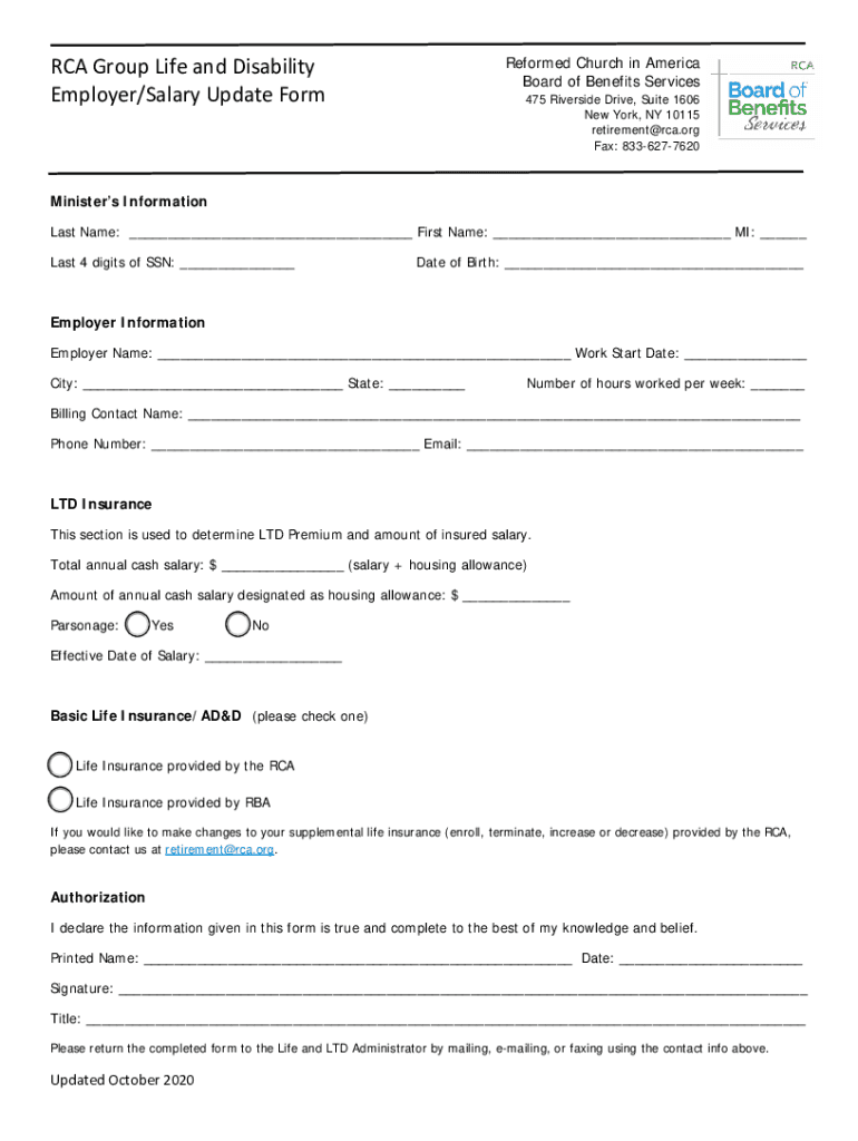 Fillable Online RCA Group Life and Disability Employer/Salary Update ...