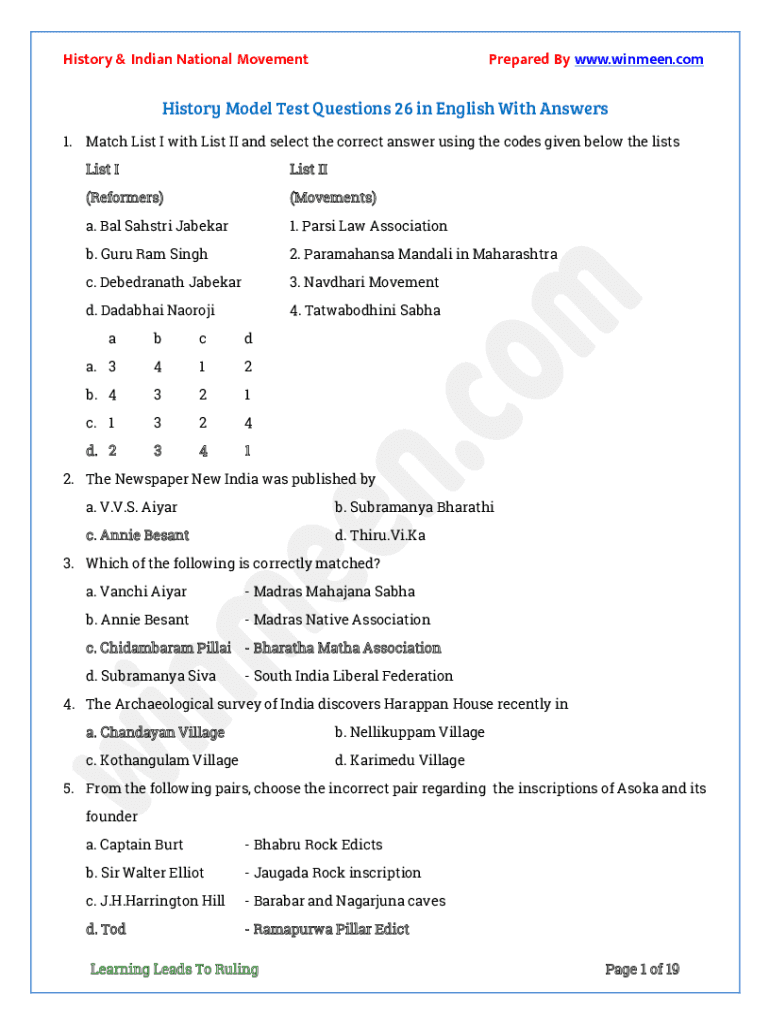 Fillable Online History Model Test Questions 26 in English With Answers ...