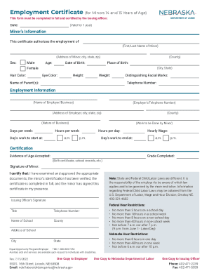Fillable Online dol nebraska Employment Certificate (for Minors 14 and ...