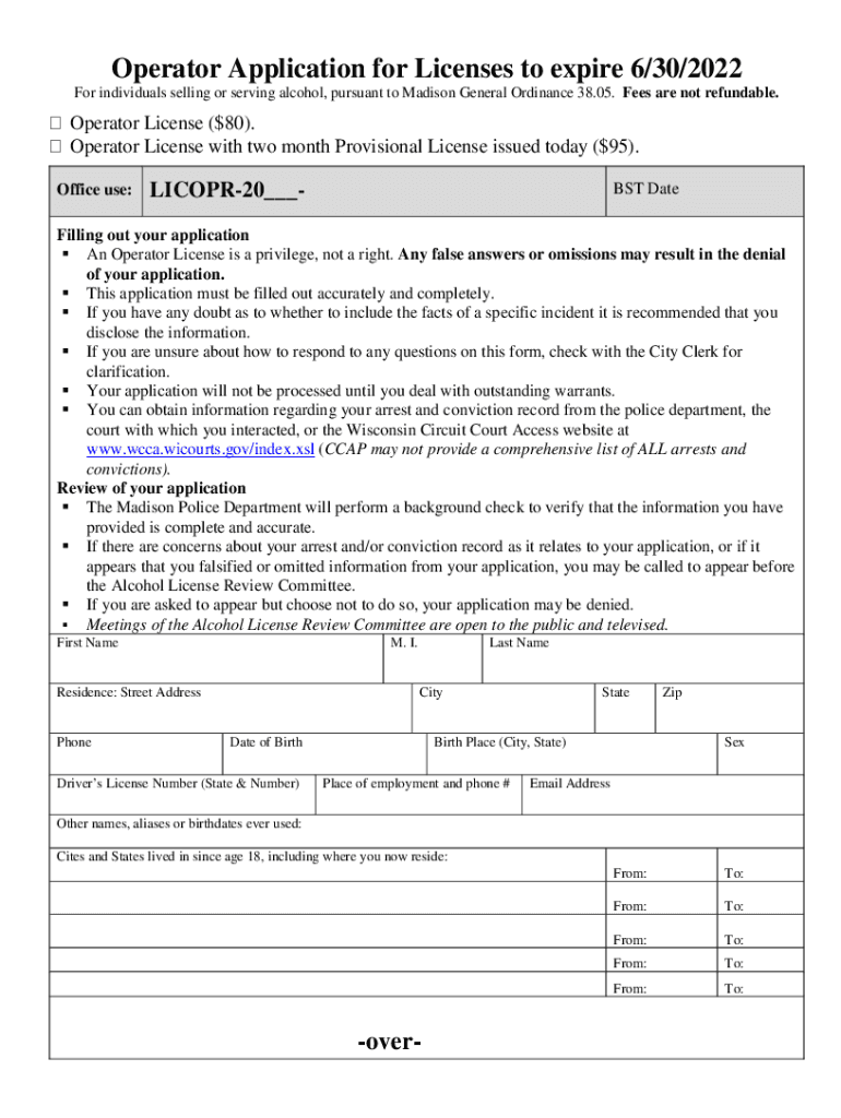 Fillable Online Operator License Application - City of Madison Fax ...