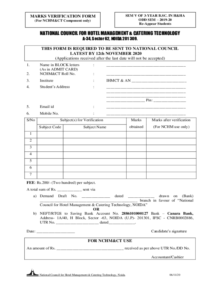 Fillable Online Marks Verification form- Semester-III/IV (RTW) - IHM ...
