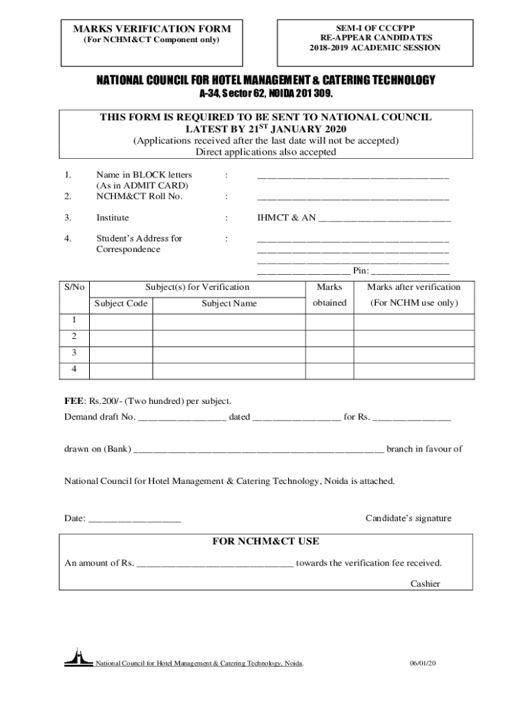 Fillable Online marks verification form - national council for hotel ...