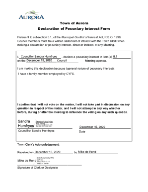 Fillable Online Declaration of Pecuniary Interest Form - Town of Aurora ...