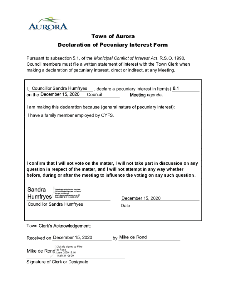Fillable Online Declaration of Pecuniary Interest Form - Town of Aurora ...
