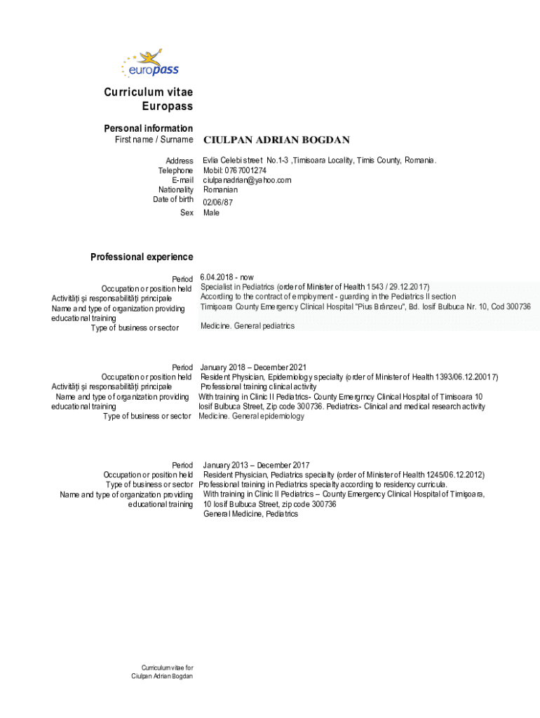 Fillable Online Curriculum vitae Europass - Timioara - UMFT.ro Fax Email Print - pdfFiller