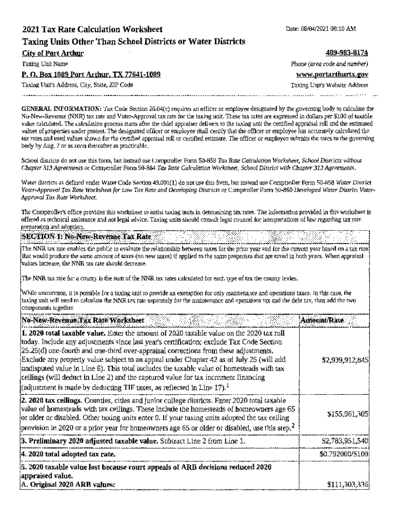 Fillable Online 2021 Tax Rate Calculation Worksheet - Jefferson County ...