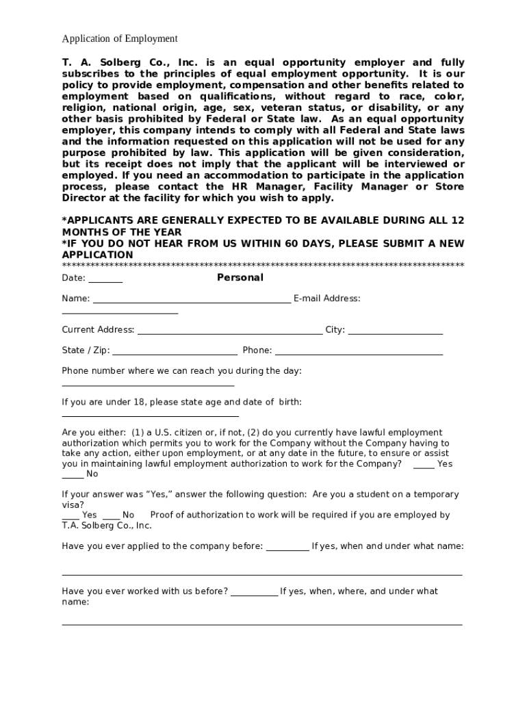 Application of Employment - T.A. Solberg Co., Inc - Trig's Doc Template ...