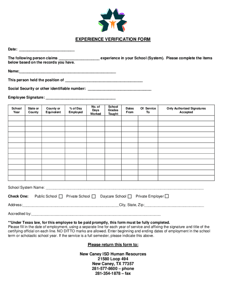 Fillable Online Experience Verification Form Fax Email Print - pdfFiller