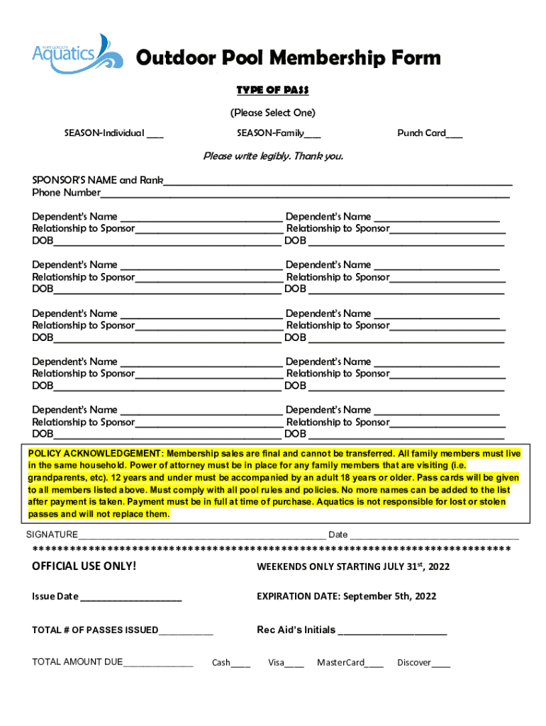 Fillable Online Outdoor Pool Membership Form - Fort Gordon MWR Fax ...