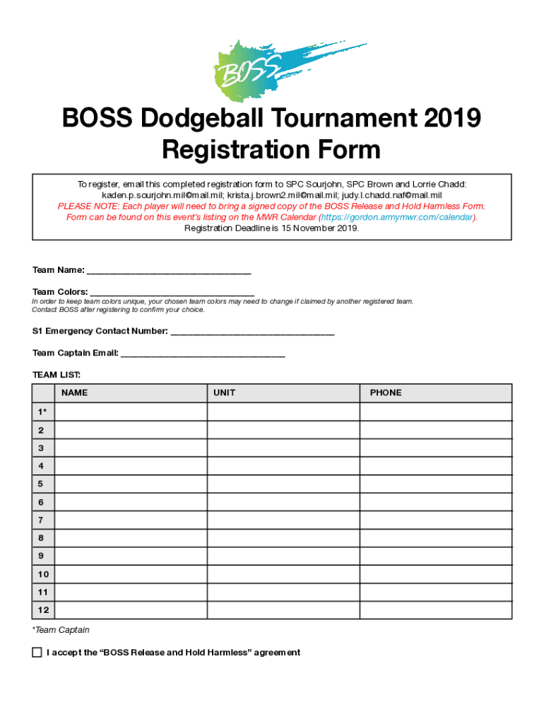 Fillable Online BOSS Dodgeball Tournament 2019 Reg Form - Fort Gordon ...
