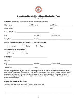 Fillable Online Owen Sound Sports Hall of Fame Nomination Form Fax ...