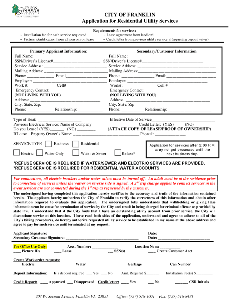 Fillable Online City of Franklin Application and Agreement for Service ...