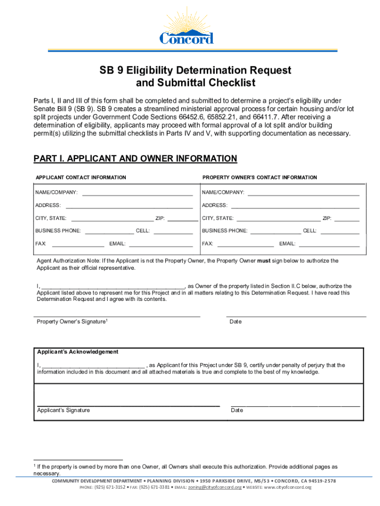 Fillable Online SB 9 Eligibility Determination Request and Submittal Checklist ... Fax Email ...