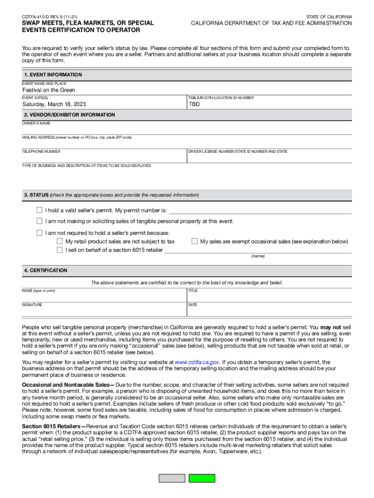 Fillable Online swap-meets-flea-markets-or-special-events-certification-form.pdf Fax Email Print ...