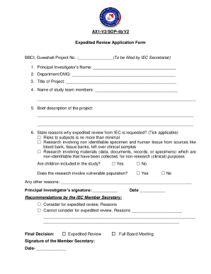 Fillable Online Expedited Review Application Form BBCI, Guwahati Project No. Fax Email Print ...
