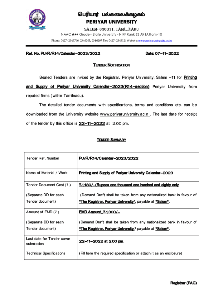 Fillable Online Sealed Tenders are invited by the Registrar, Periyar University, Salem 11 for ...