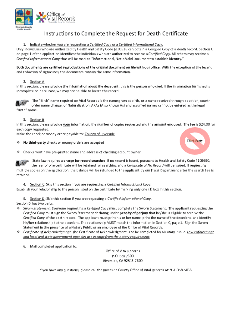 Fillable Online Application for Certified Copy of a Death Certificate ...