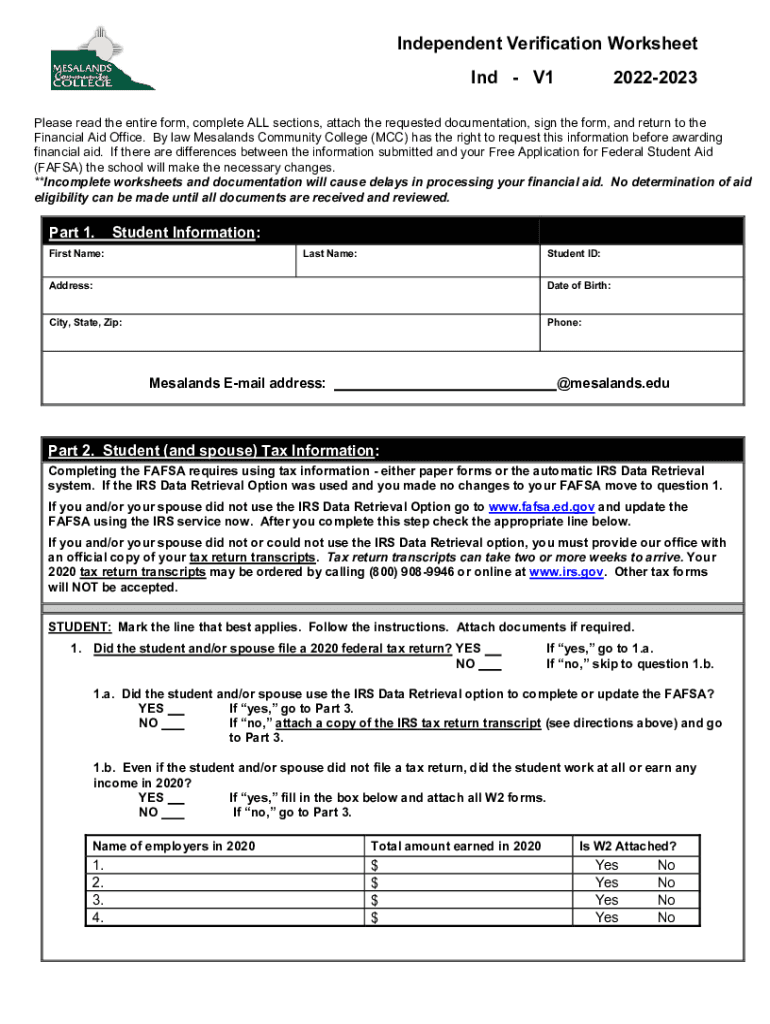 Fillable Online 2022-23 VERIFICATION WORKSHEET INDEPENDENT Fax Email Print - pdfFiller