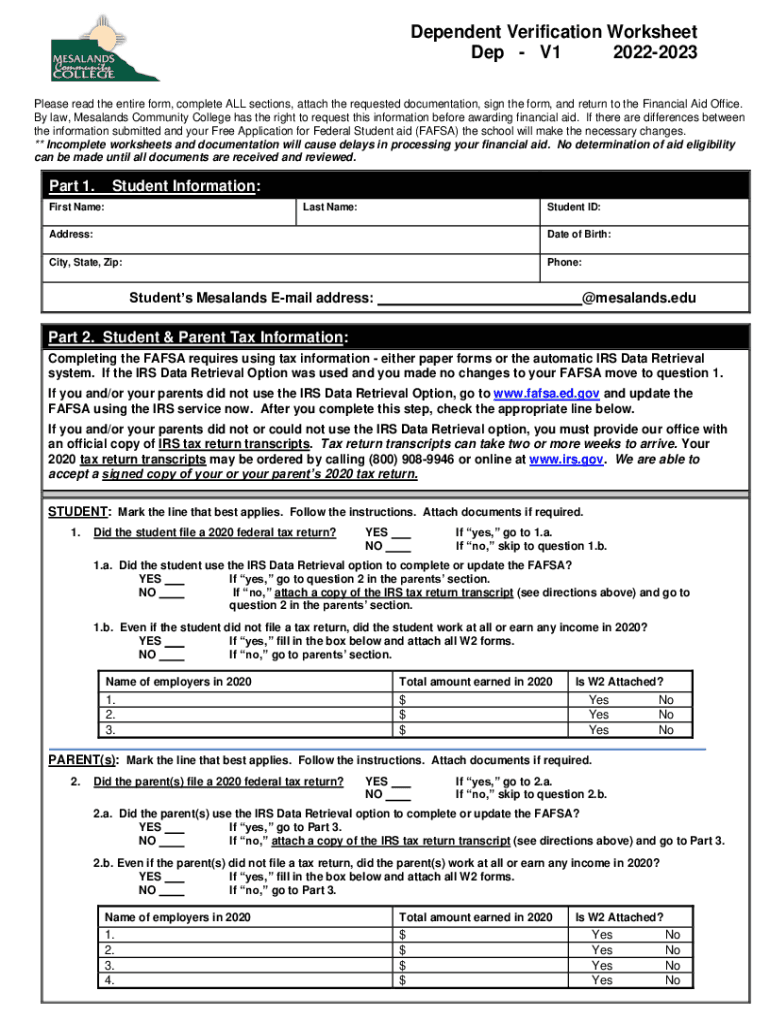 Fillable Online Dependent Verification Worksheet Dep - V1 2022-2023 Fax Email Print - pdfFiller
