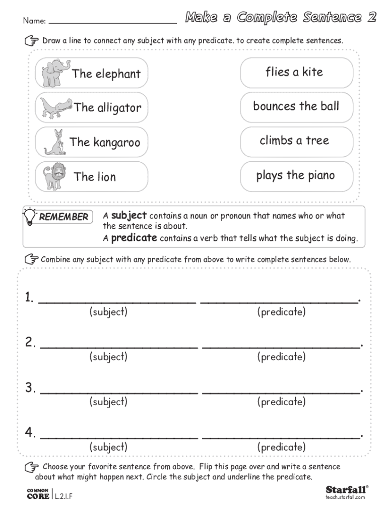 Fillable Online Grade 2 - Make a Complete Sentence. English Language ...