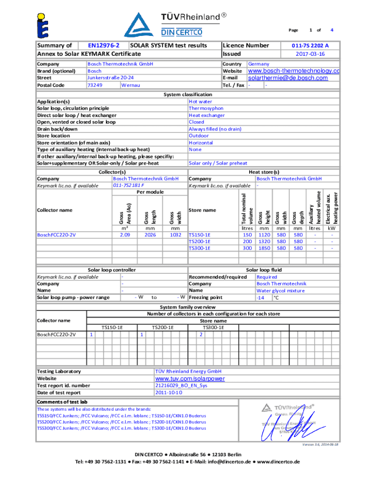 Fillable Online SOLAR SYSTEM test results Licence Number Annex to ...