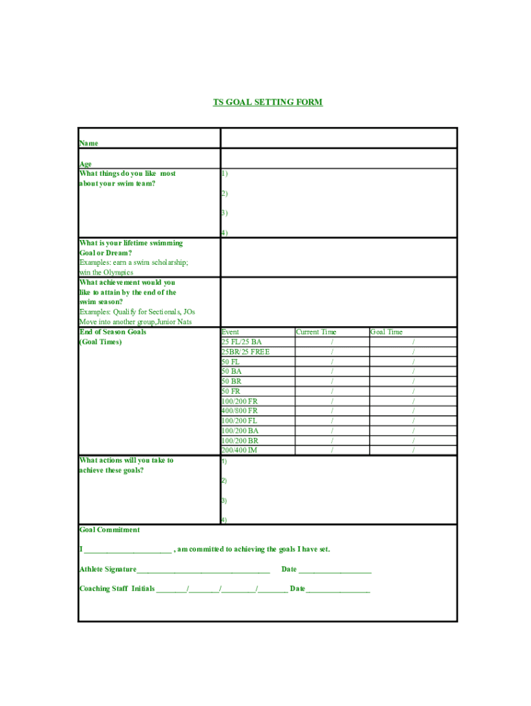 Fillable Online BADGER SWIM CLUB INC. Short Course Goal Sheet Fax Email ...