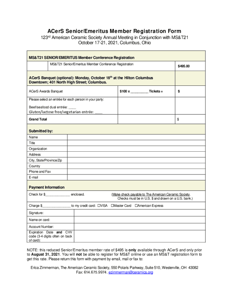 Fillable Online ACerS Senior/Emeritus Member Registration Form Fax Email Print - pdfFiller